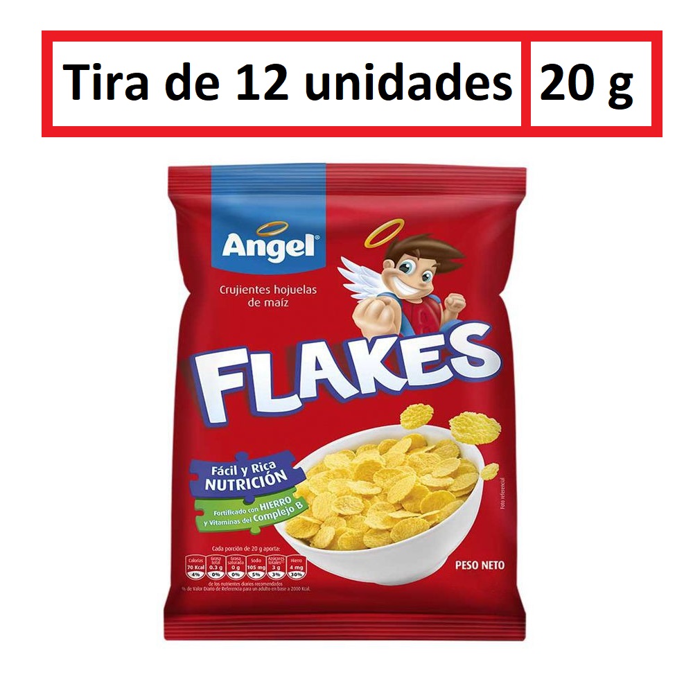 CEREAL ANGEL FLAKES HOJUELITAS DE MAIZ TIRA X 12 UNDS 20GR | La Gran Bodega