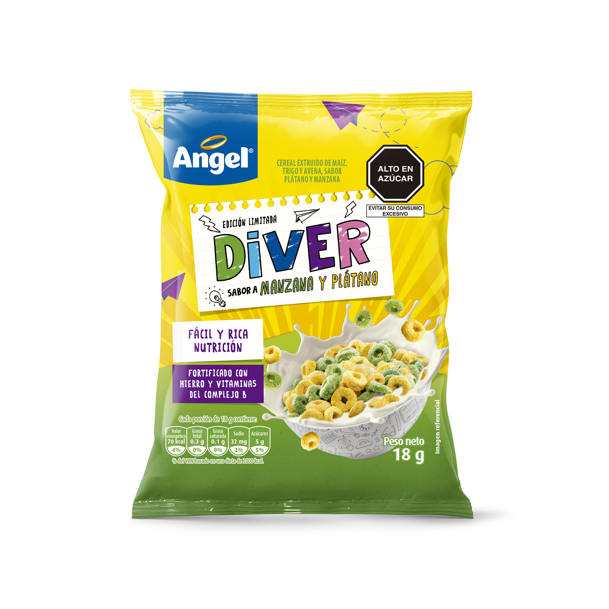 CEREAL ANGEL MAIZ Y TRIGO SABOR A PLÁTANO Y MANZANA TIRA X 12 UNDS 18GR ...